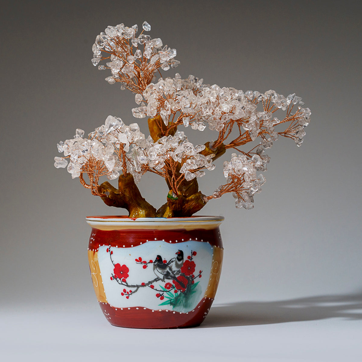 Genuine Clear Quartz Gemstone Bonsai Tree in Round Ceramic Pot (11” Ta ...